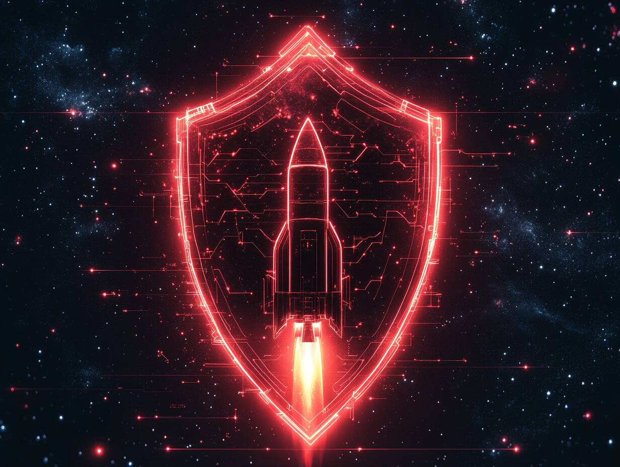 Shield icon over rocket trajectory